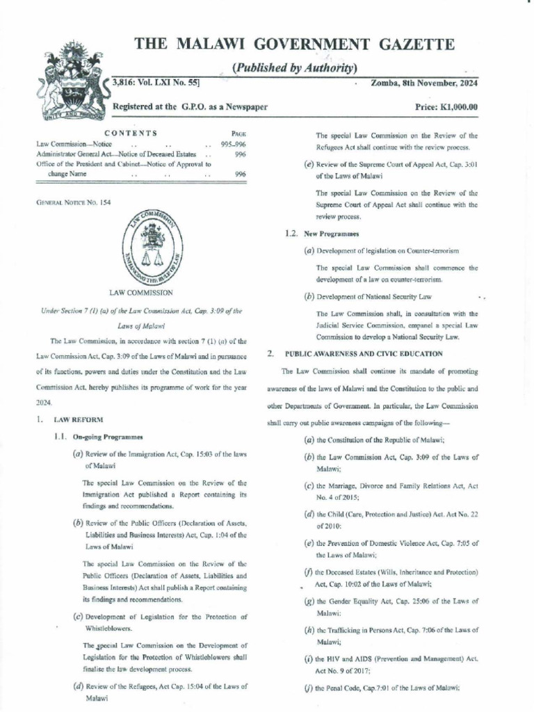MW Government Gazette Dated 2024 11 08 No 55 | PDF | Justice | Crime ...