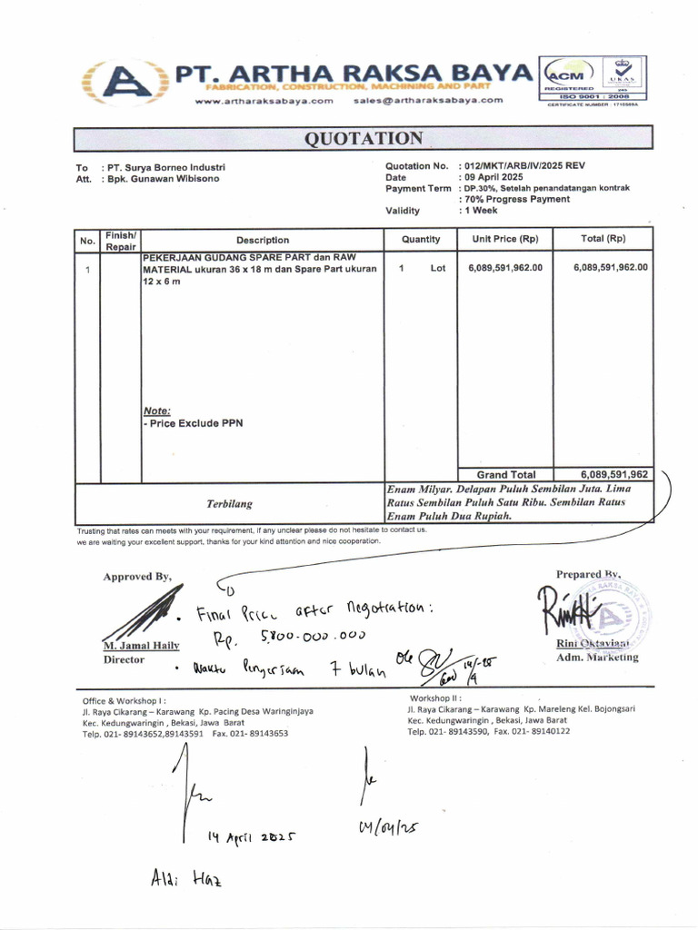 Quotation Pekerjaan Gudang Spare Part - Raw Material (ARB) | PDF