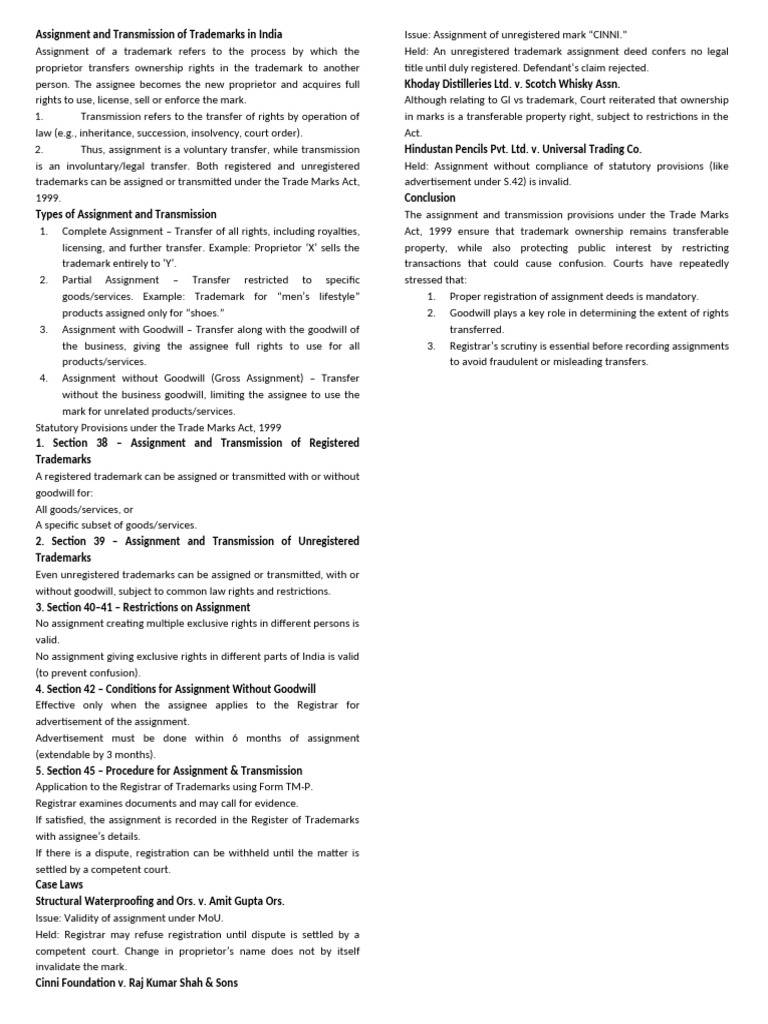 Assignment and Transmission of Trademarks in India | PDF | Trademark ...