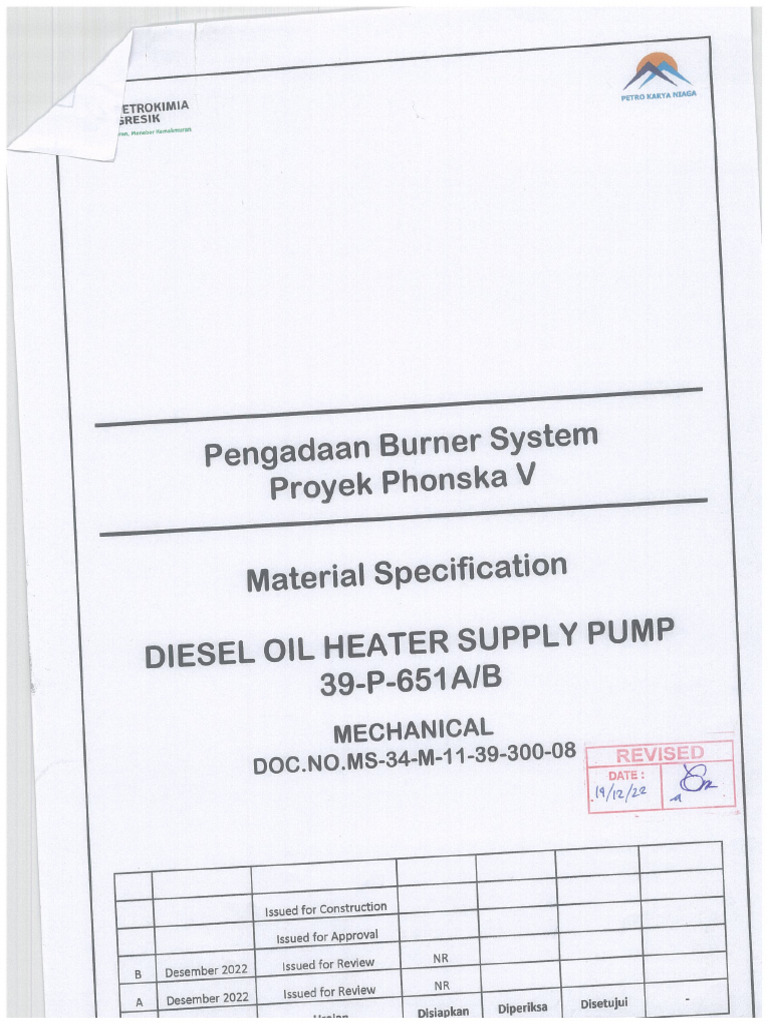 Revised Material Specification Diesel Oil Heather Supply Pump | PDF