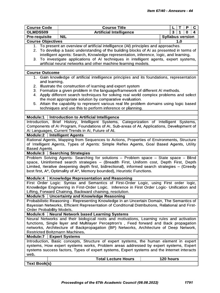 Artificial Intelligence - Course Syllabus-1 | PDF