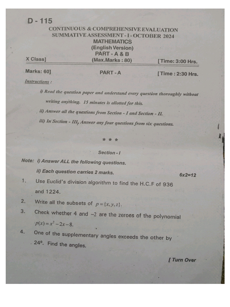 SA-1 Maths Question Paper October 2024 | PDF