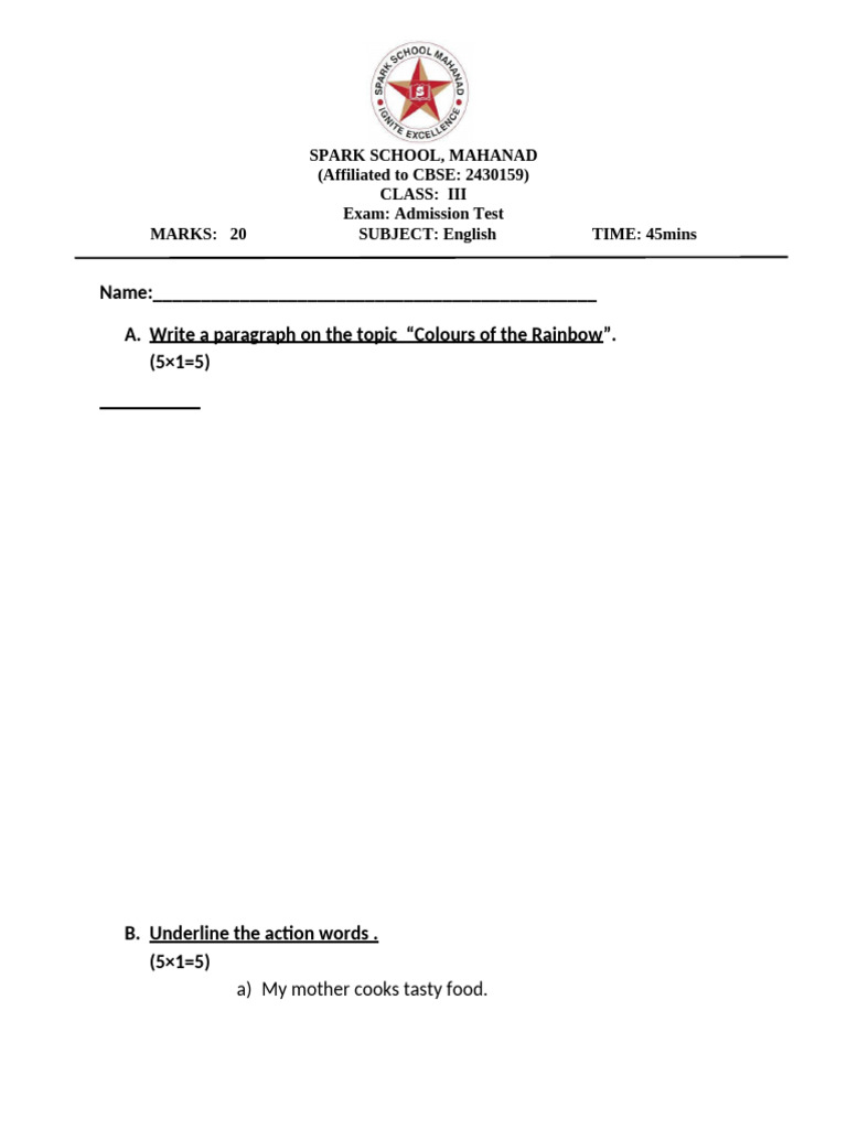 Admission Test Paper Class 3 | PDF