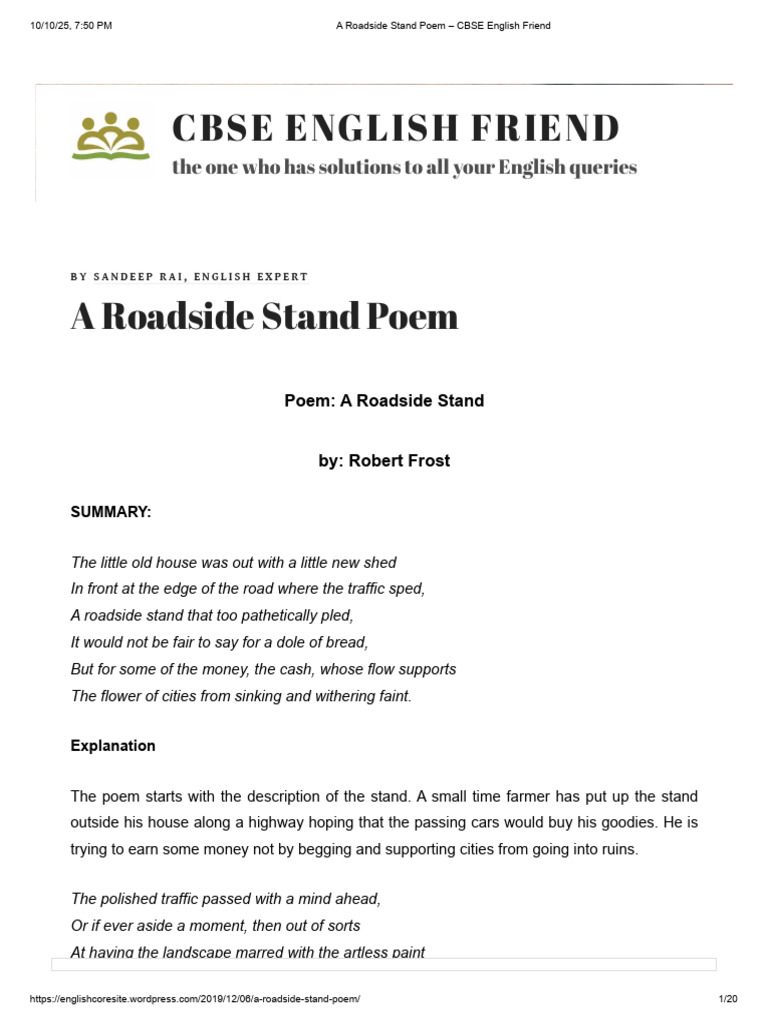 A Roadside Stand Poem – CBSE English Friend | PDF
