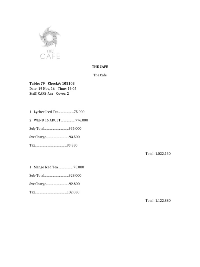 Cafe Bill Summary for Nov 19, 2016 | PDF