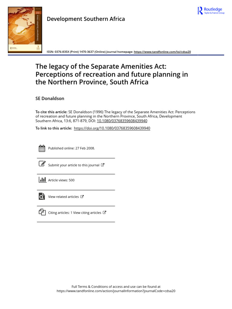 The Legacy of The Separate Amenities Act Perceptions of Recreation and ...