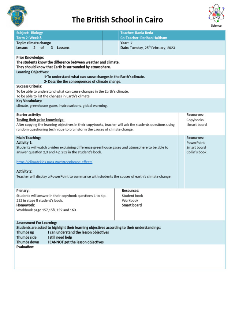 Climate Change Lesson Plan L2 (T2 Week 8) | PDF | Climate Change | Climate