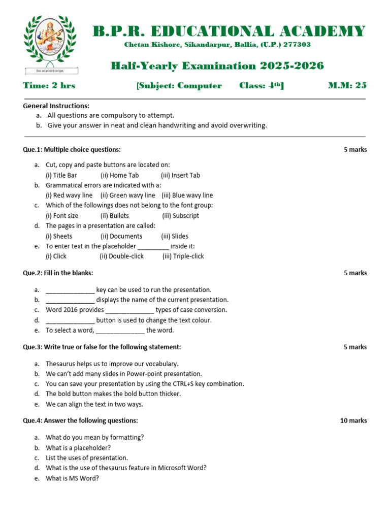 Computer Exam Paper for Class 4 | PDF