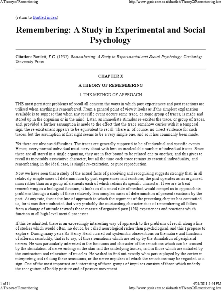 Remembering, Bartlett (1932) | PDF | Schema (Psychology) | Recall (Memory)