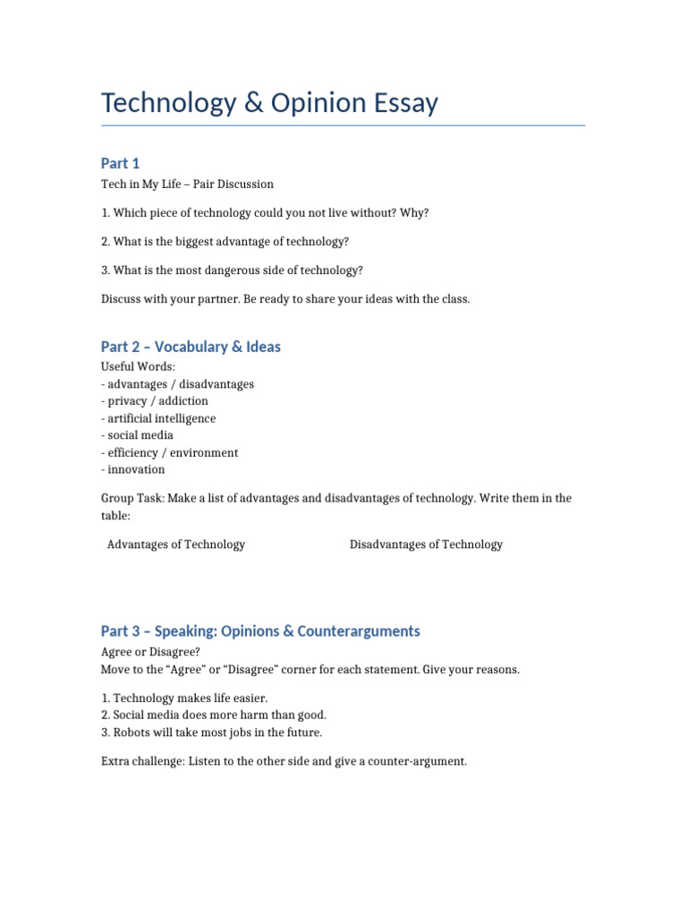 Technology Opinion Essay Worksheet | PDF