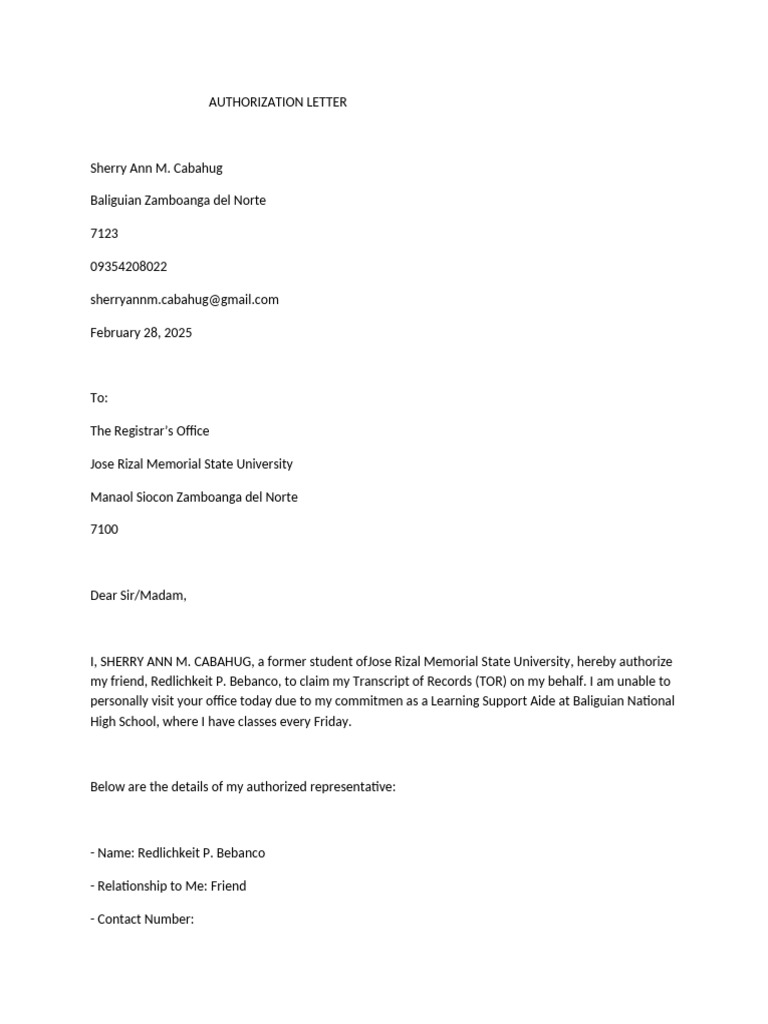 Authorization Letter for Transcript Retrieval | PDF