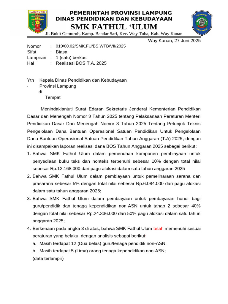 Surat Realisasi BOS 2025_SMK Fathul Ulum | PDF