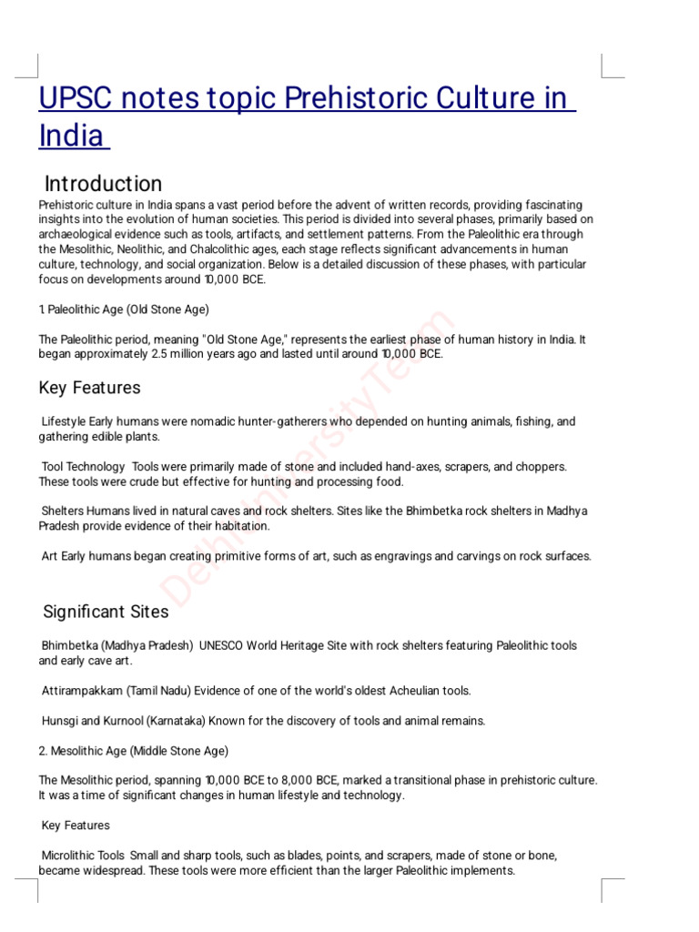 UPSC Notes Prehistoric Culture in India by DelhiUniversityTeam-1 | PDF ...