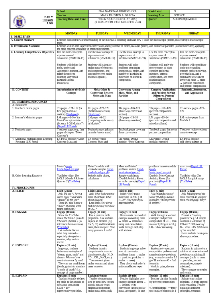 Grade 9 Science: Mole Concept Lesson Plan | PDF | Mole (Unit) | Molecules