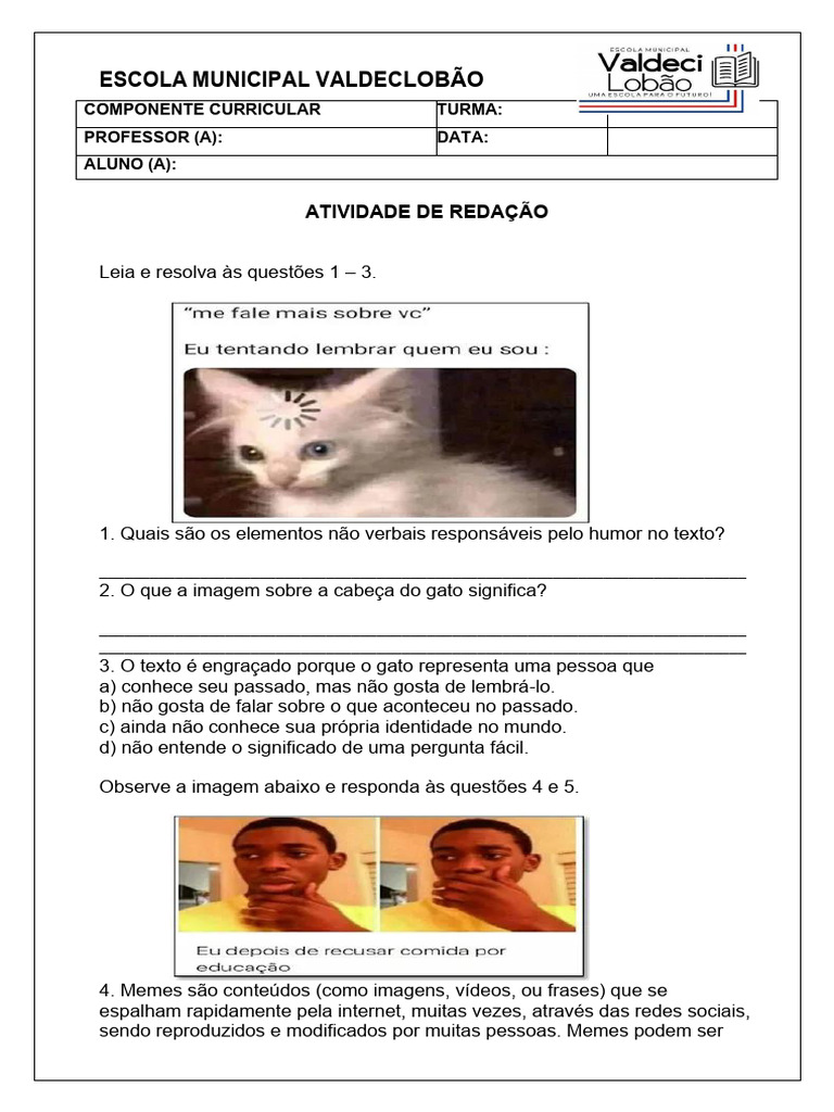 Atividade de Redação sobre Memes e Humor | PDF | Internet | Imagem