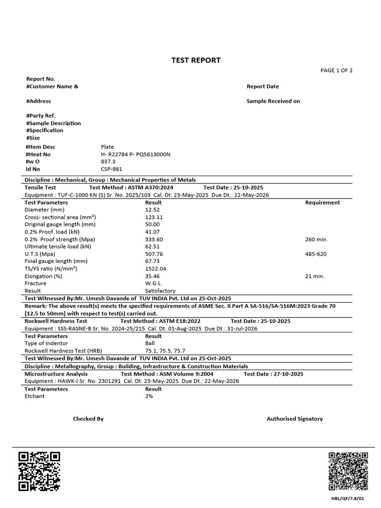 Test Report: M/S. Consolidated Chemequip (MFR) Private Limited | PDF ...