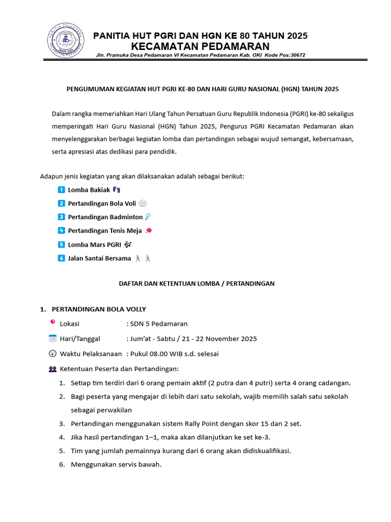Revisi Pengumuman Lomba Dan Pertandingan HUT PGRI Dan HGN Ke 80 Tahun ...