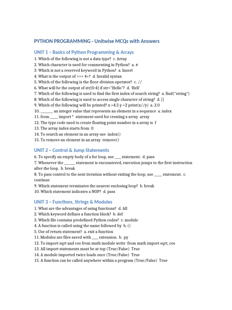 Python Programming Unitwise MCQ With Answers | PDF | Control Flow | Software Engineering