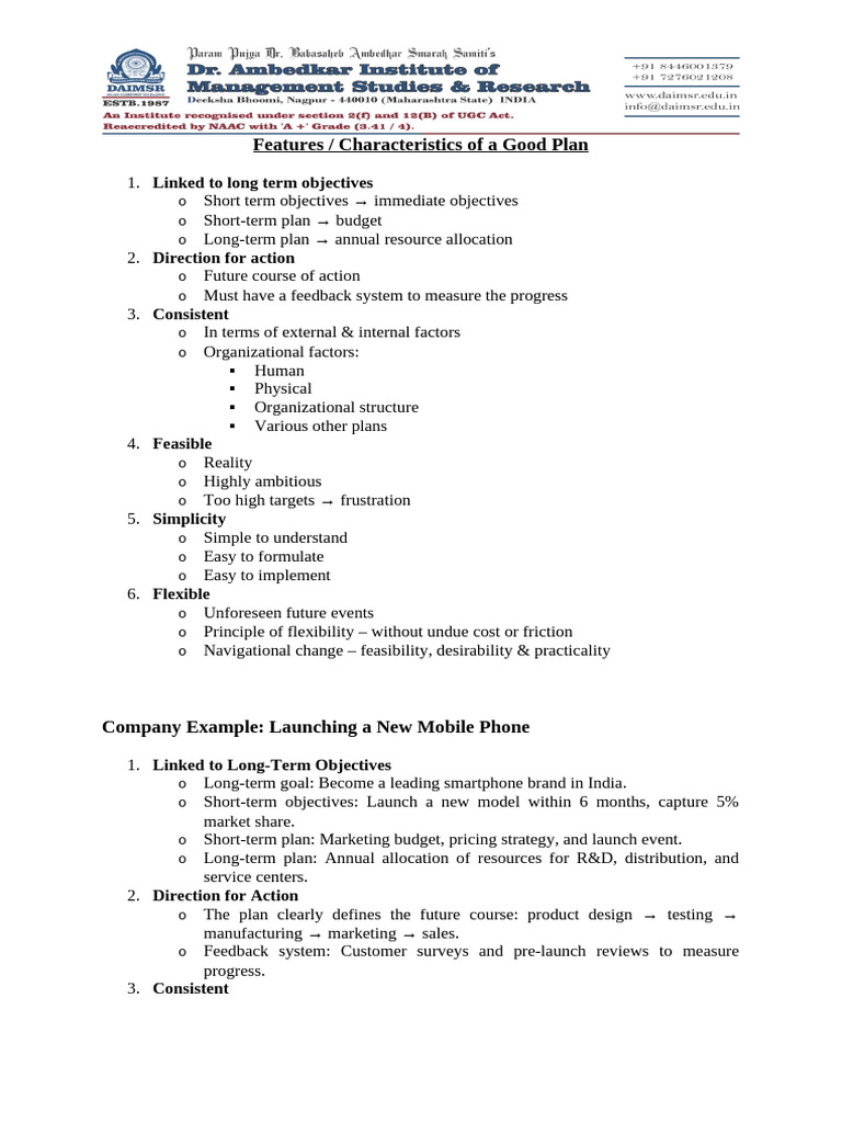 Characteristics of A Good Plan | PDF | Marketing | Goal