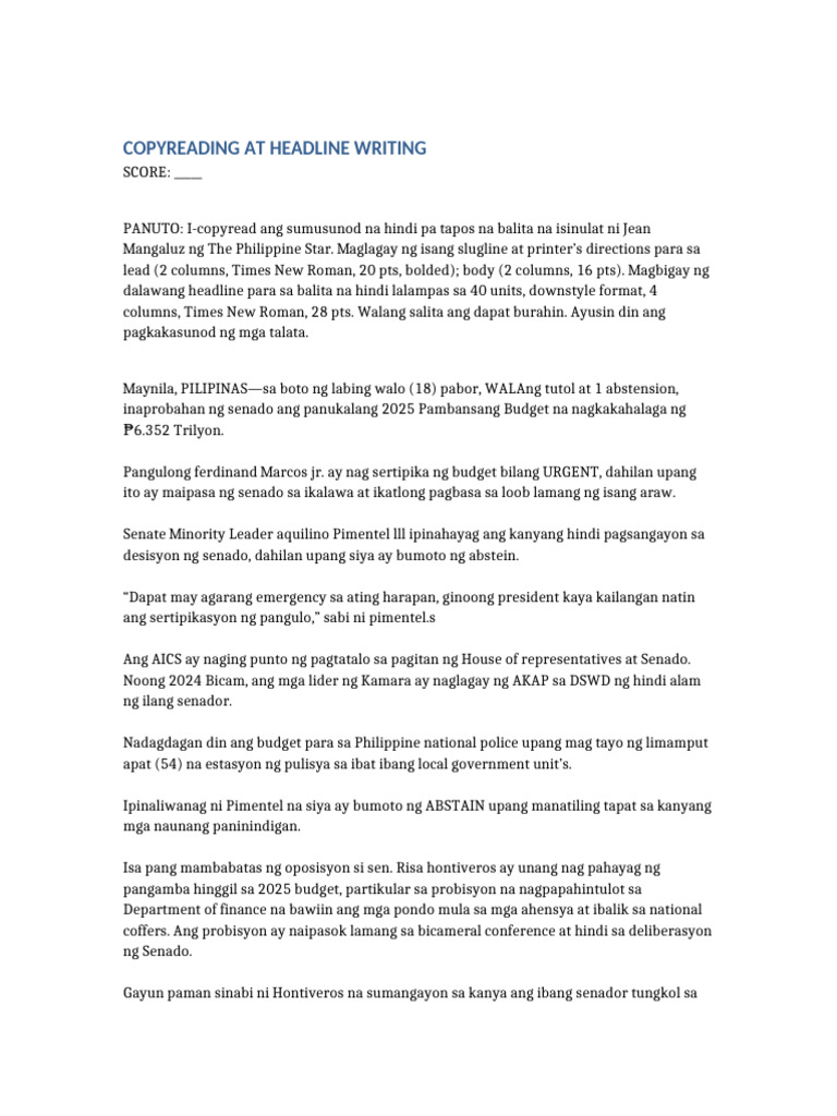 Copyreading and Headline Writing Filipino | PDF