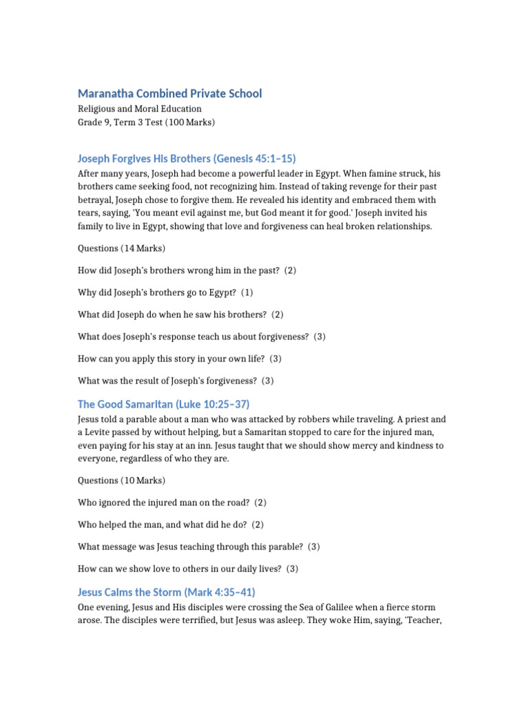 Grade 9 RME Test Term 3 (New Stories, 100 Marks) | PDF | Jesus | Bible ...