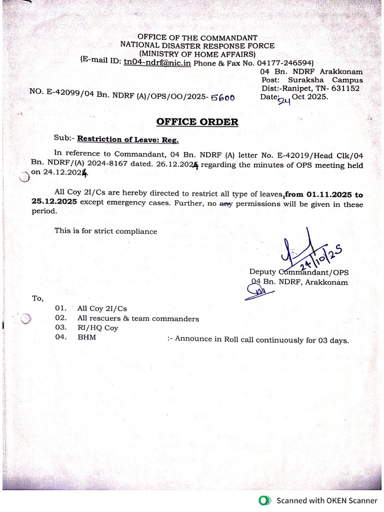 Office Order (Restriction of Leave) | PDF