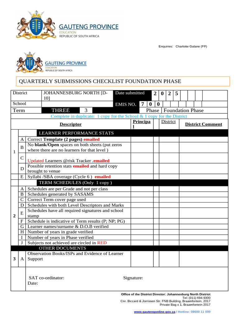Foundation Phase Quarterly Checklist | PDF
