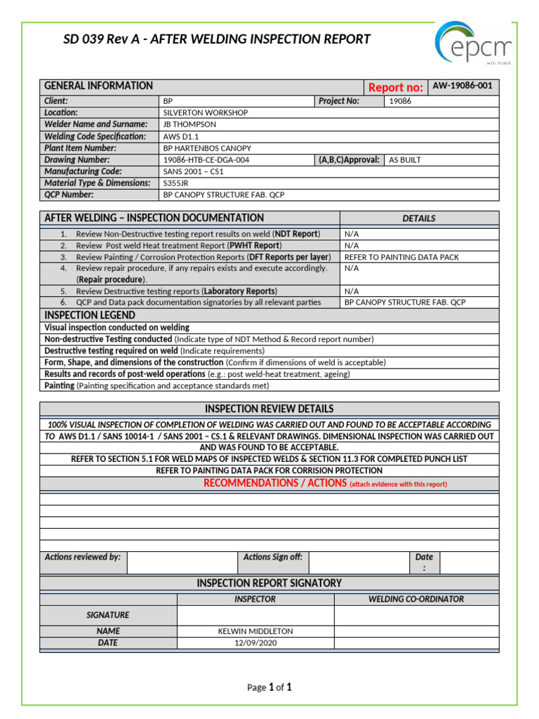 SD 039 After Welding Inspection Report - AW-19086-001 | PDF ...