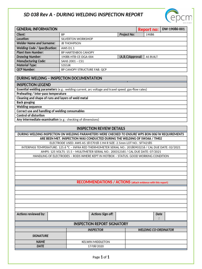 SD 038 During Welding Inspection Report - DW-19086-001 | PDF | Welding | Construction