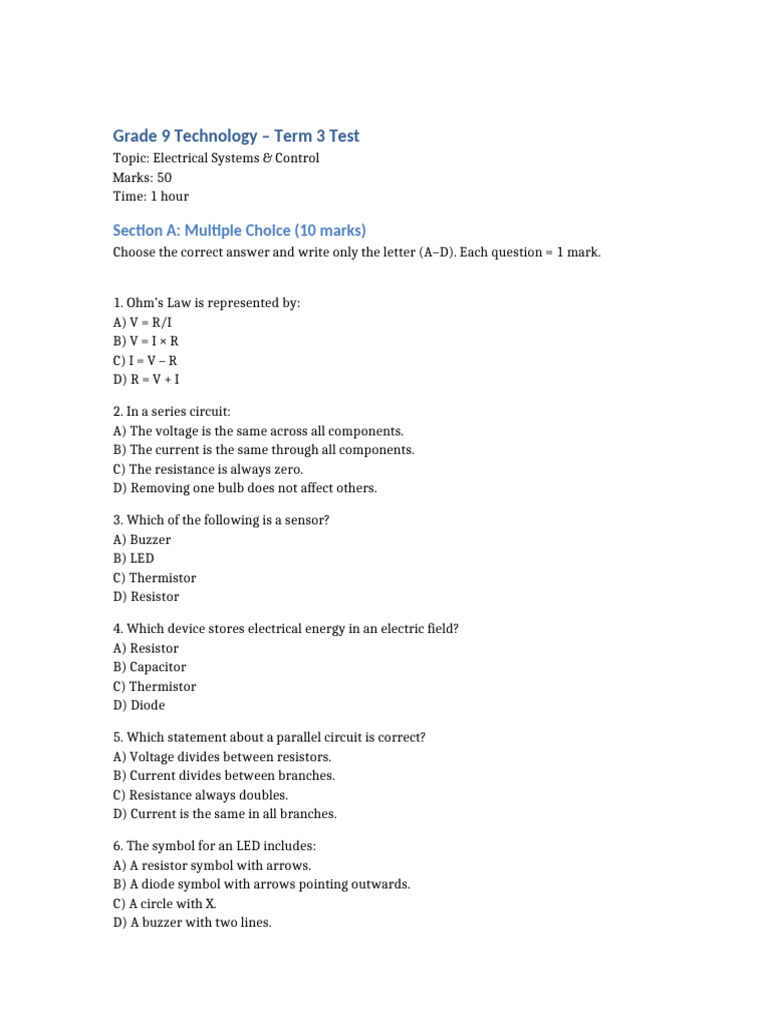 Grade9 Technology Term3 Test | PDF | Series And Parallel Circuits ...