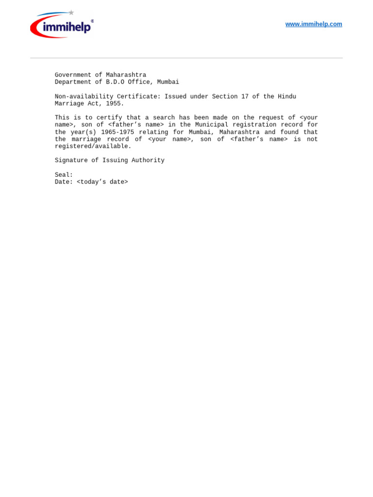 Non-availability Marriage Certificate Sample | PDF