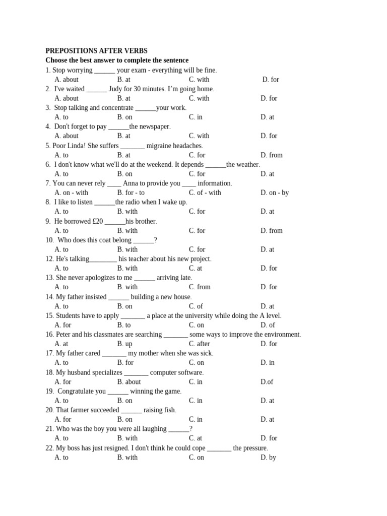 Prepositions Used with Verbs Quiz | PDF | Natural Environment | Earth ...