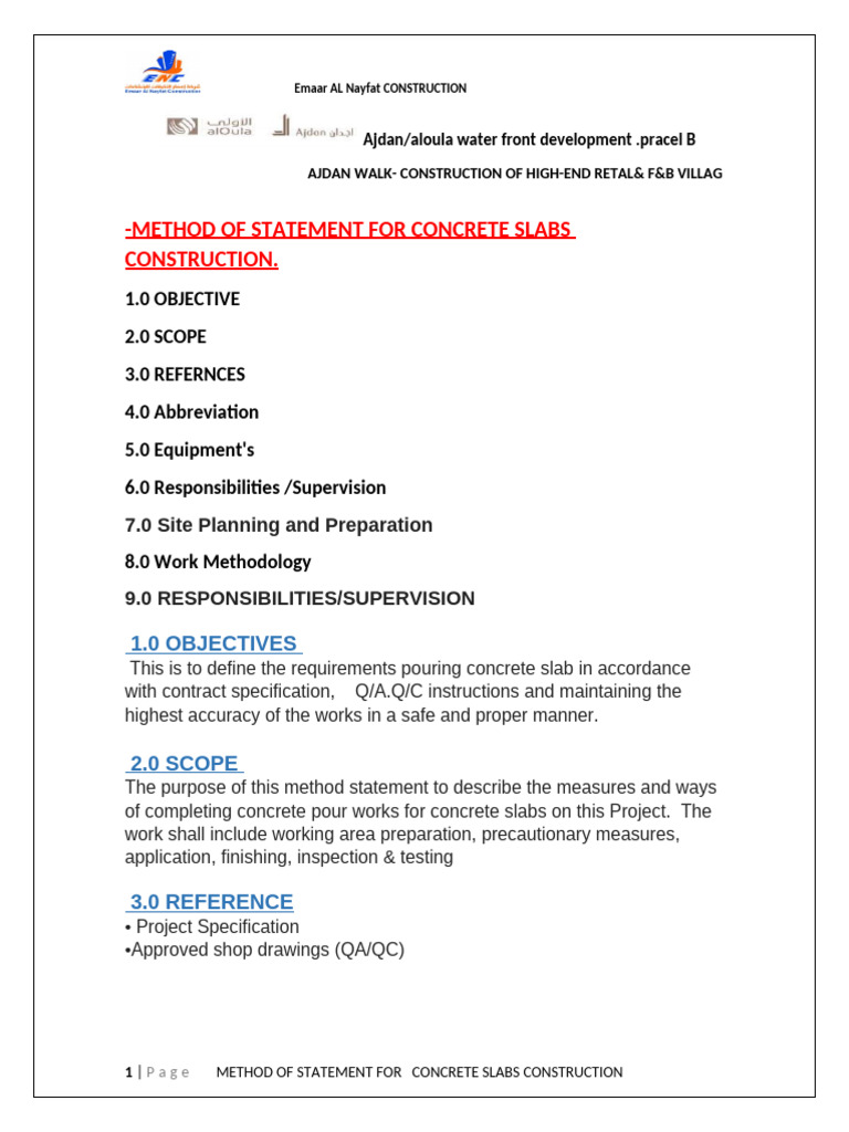 Concrete Slab Construction Method Statement | PDF | Concrete | Quality ...