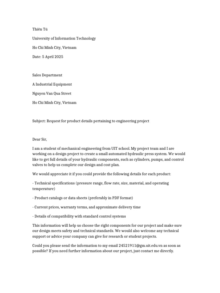 Request For Product Information Letter | PDF