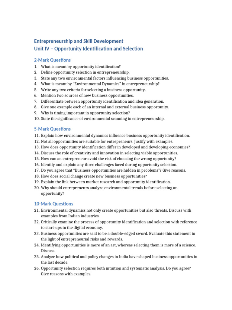 Unit IV Entrepreneurship and Skill Development | PDF | Entrepreneurship ...