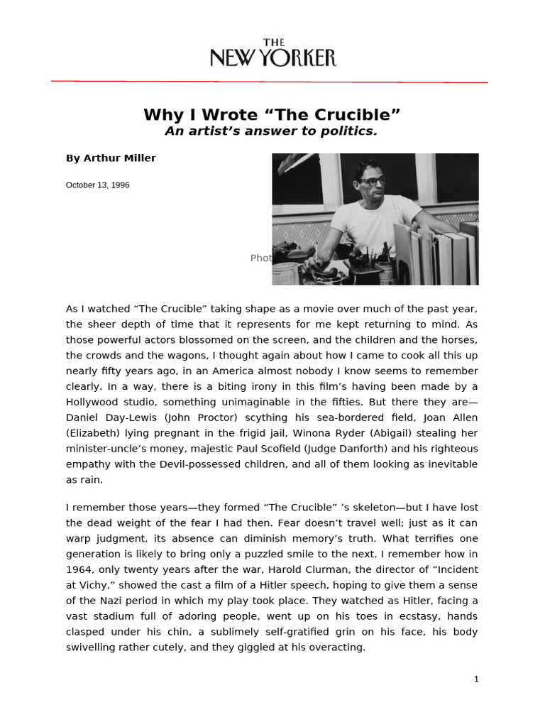 Miller's Motivation for "The Crucible" | PDF
