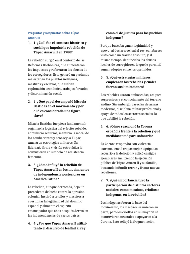 Rebelión de Túpac Amaru II: Contexto y Legado | PDF
