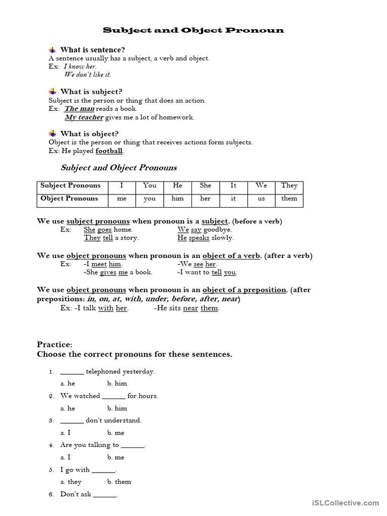 Subject and Object Pronouns Explained | PDF | Verb | Subject (Grammar)
