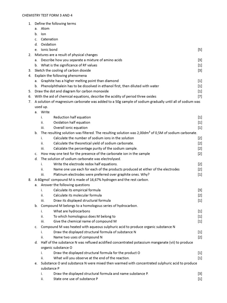 Chemistry Test Questions for Forms 3 & 4 | PDF | Redox | Sodium