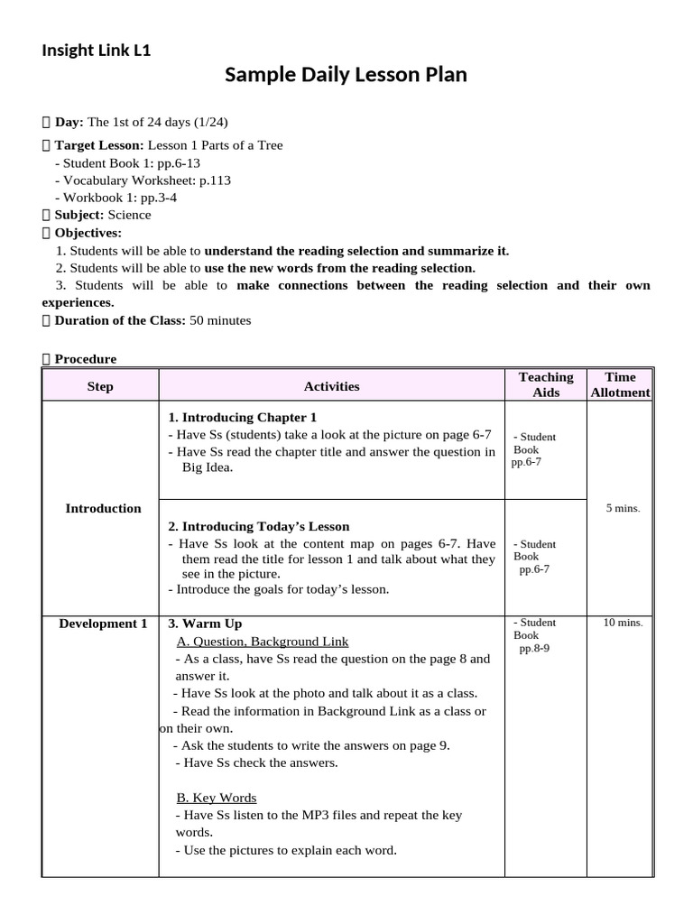 Insight Link 1 - Daily Lesson Plan - Sample | PDF | Reading ...