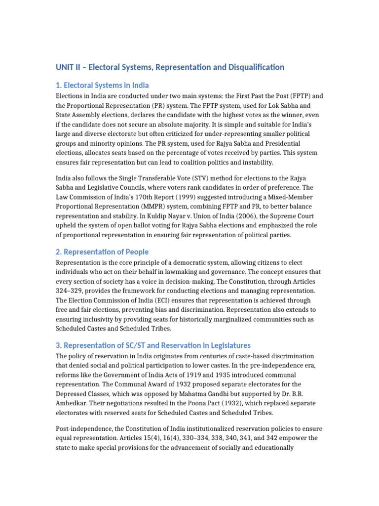 UNIT II Electoral Systems Representation and Disqualification | PDF ...