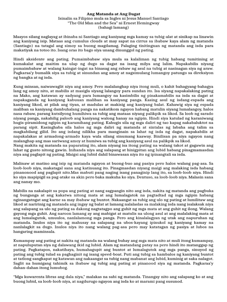 Teksto Ang Matanda at Ang Dagat | PDF