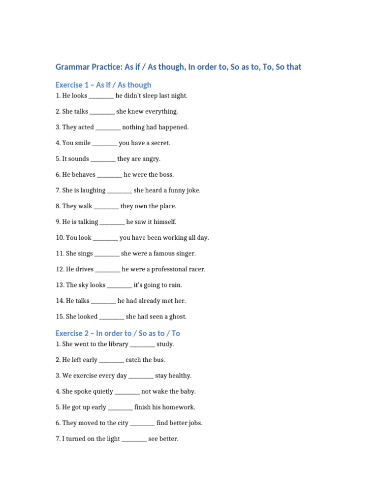 Grammar Practice As If in Order To So That | PDF