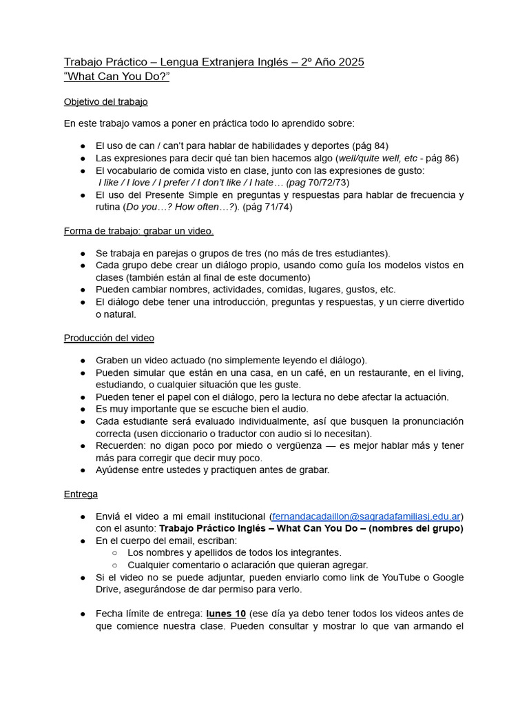 Trabajo Pr-Ctico - Lengua Extranjera Ingl-S - 2 - A-O 2025 - What Can You Do | PDF
