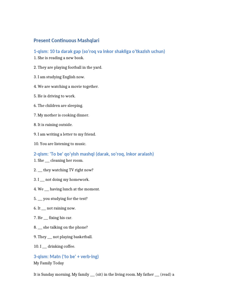 Present Continuous Tense Exercises | PDF