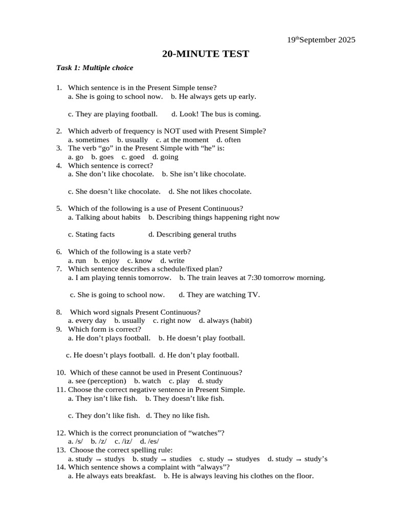 Test Present Simple and Present Continuous | PDF | Linguistics | Syntax