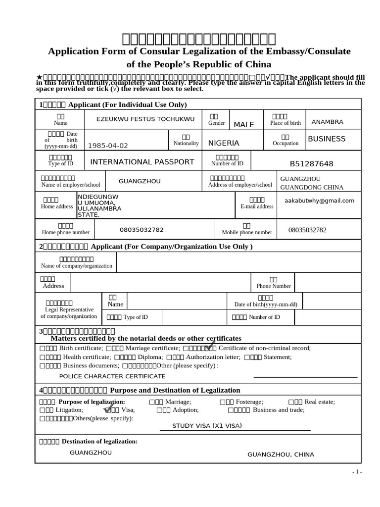 China Consular Legalization Application Form | PDF | Government And ...