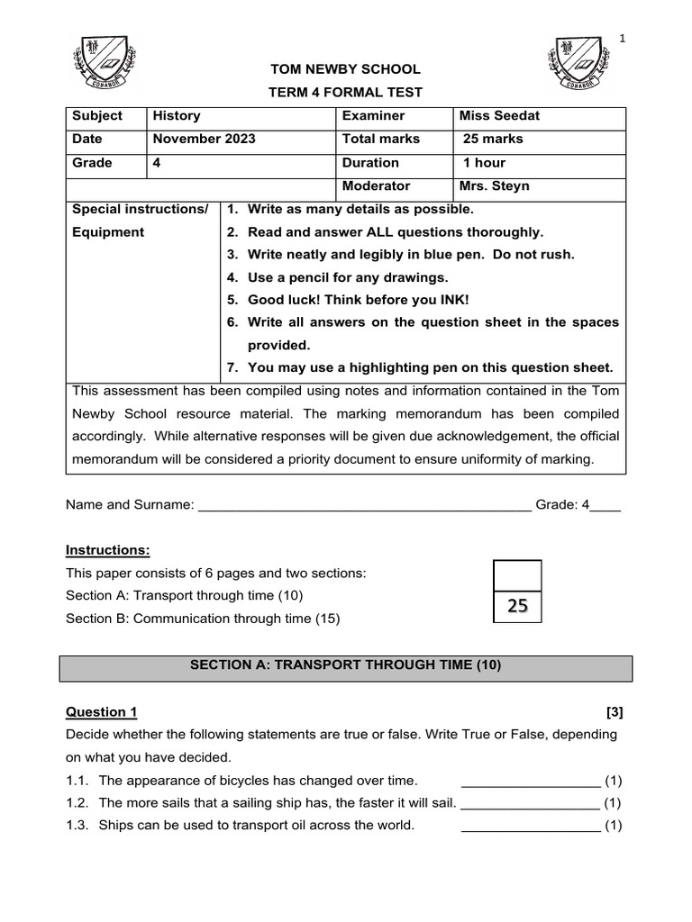Grade 4 History Test: Transport & Communication | PDF | Communication