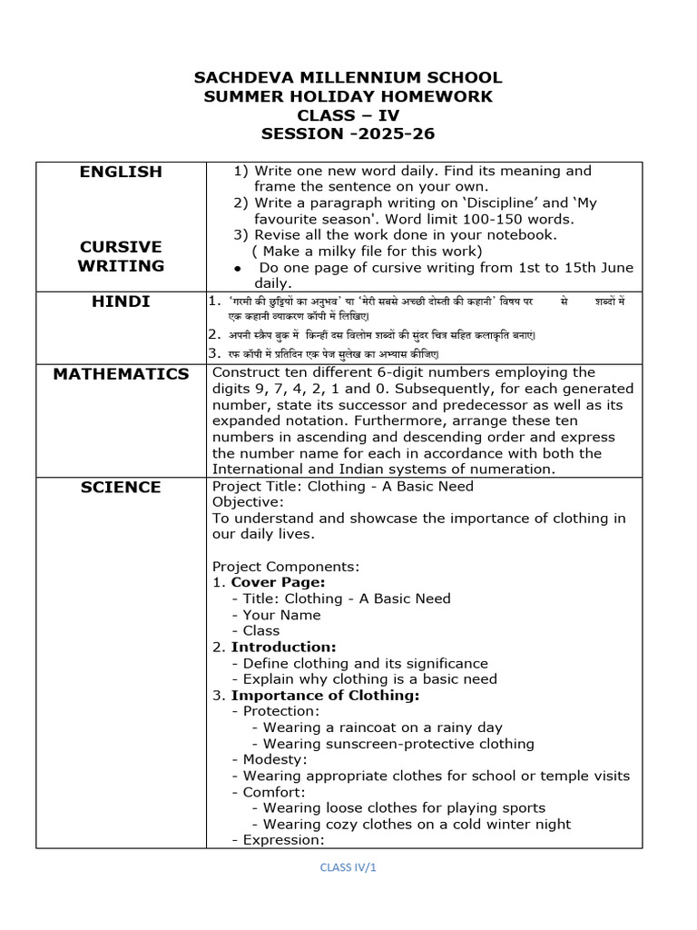 Class - 4 Holiday Homework 2025-26 | PDF | Clothing
