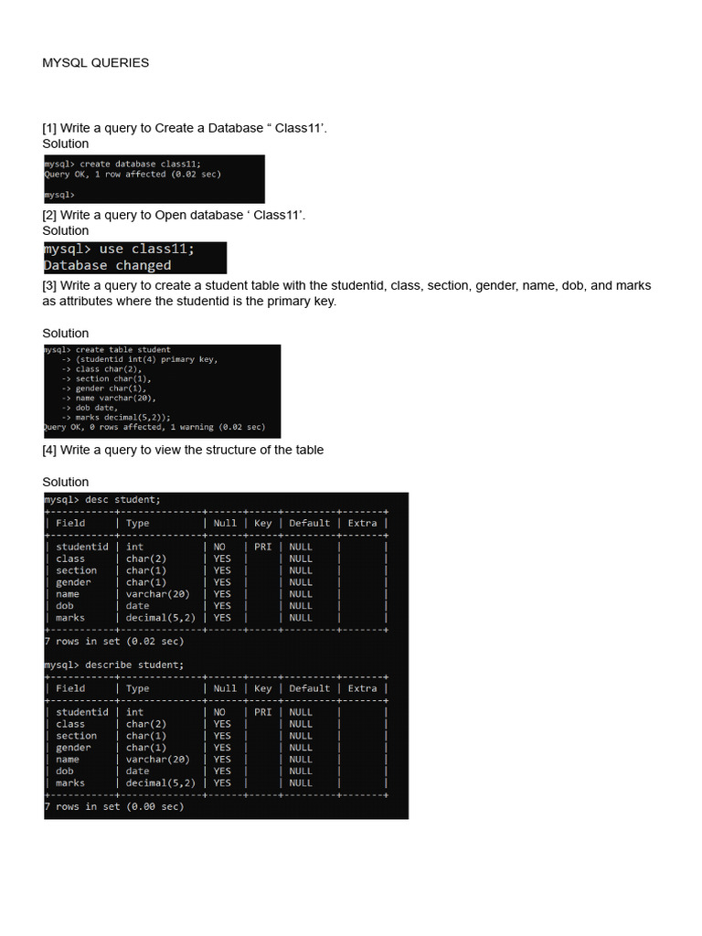 MySQL Queries for Student Database Management | PDF